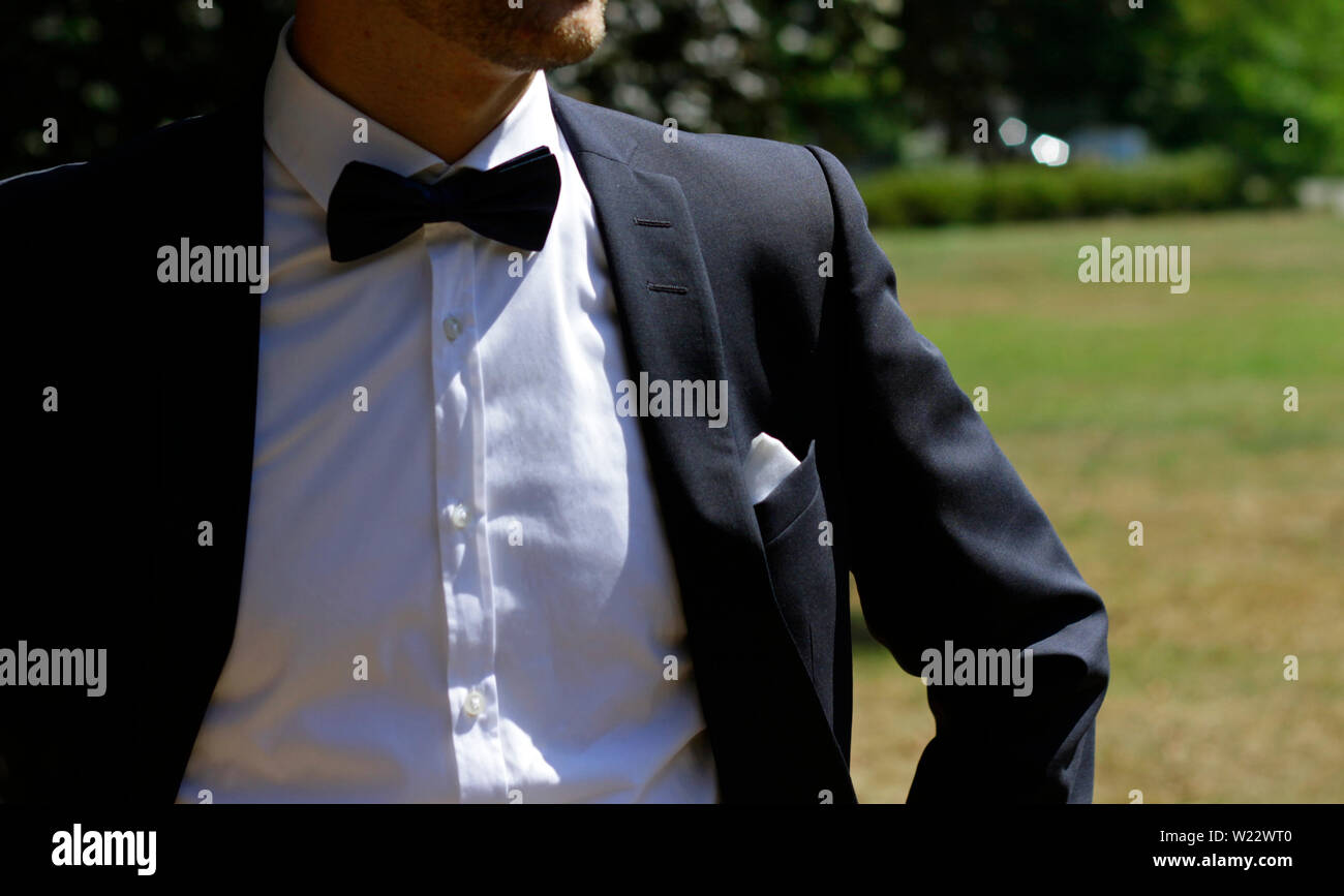 Man wearing a suit and a bow tie Stock Photo - Alamy