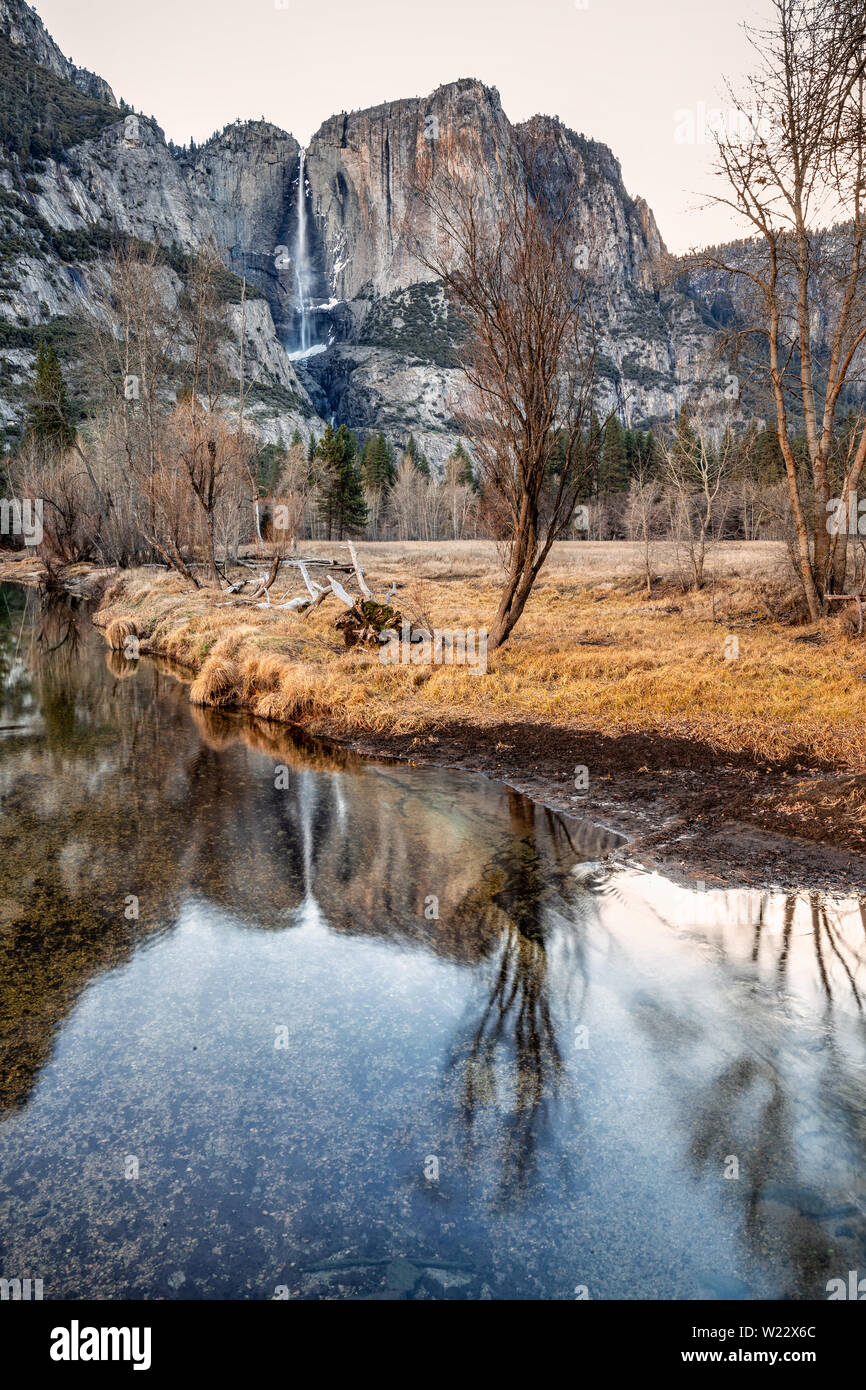 Yosemite Falls reflection in Merced River on sunset at Yosemite ...