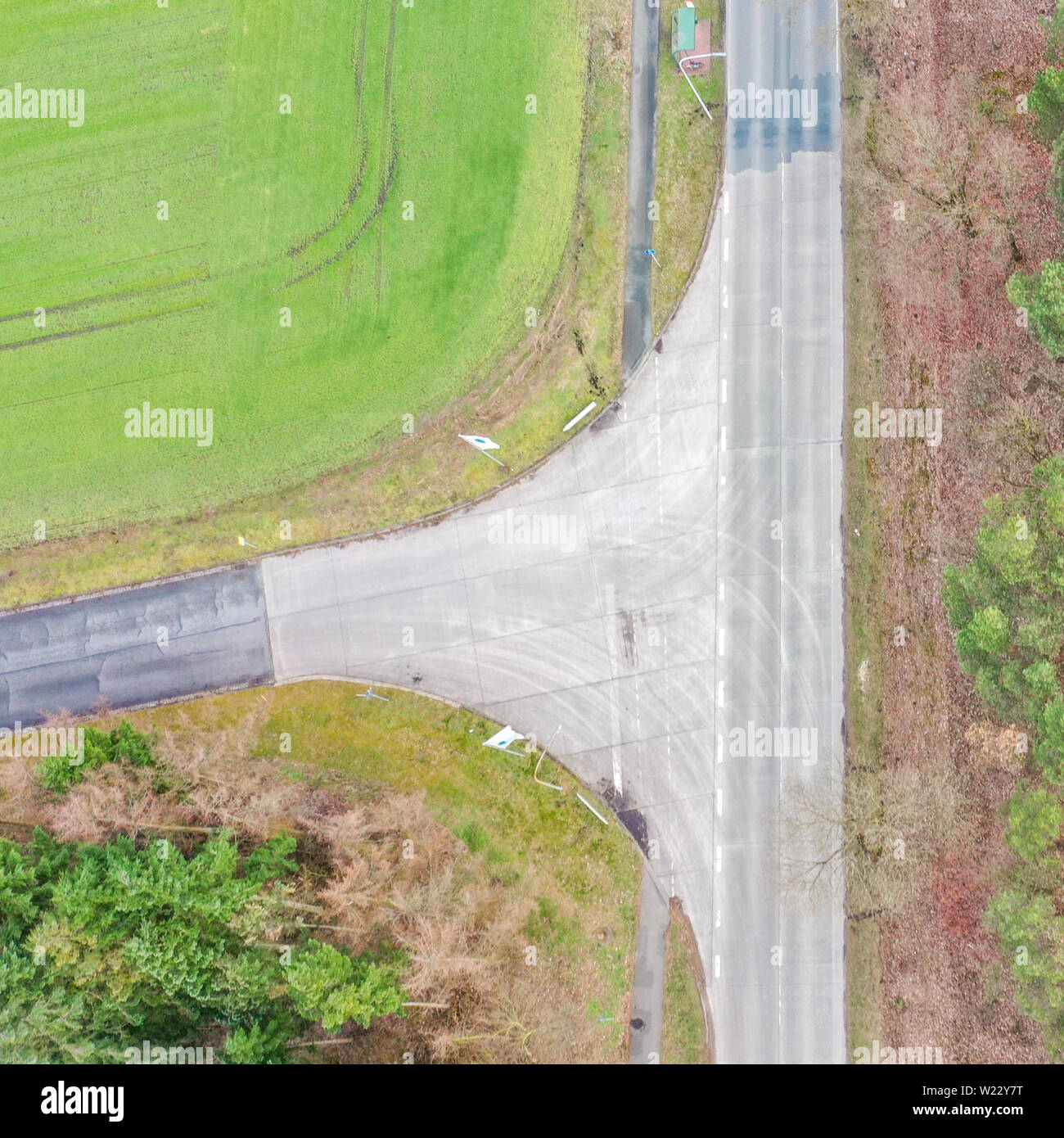Vertical aerial view of the branch of a road, taken with the drone ...