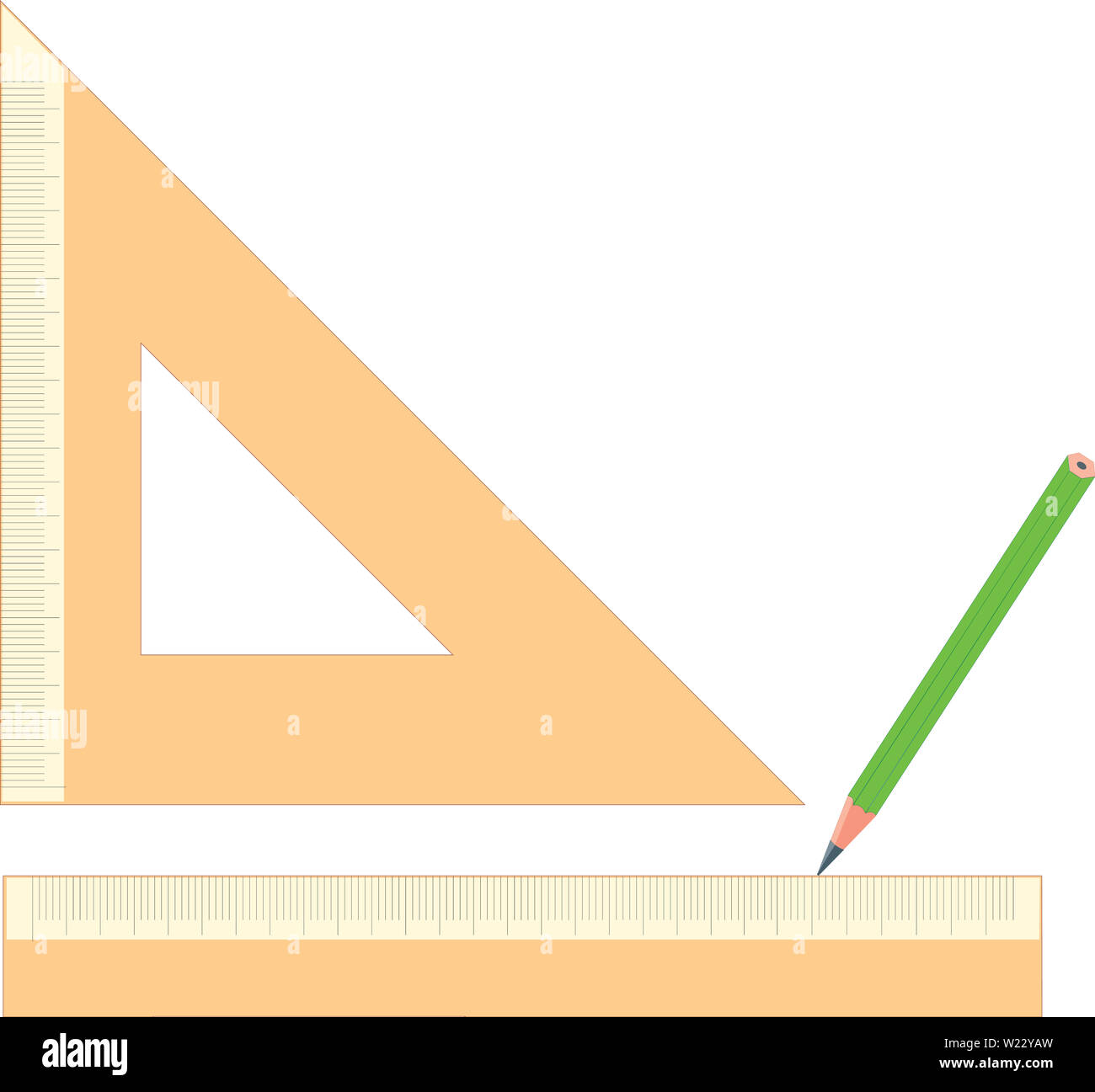 geometric accessories triangle, ruler and green pencil Stock Photo - Alamy