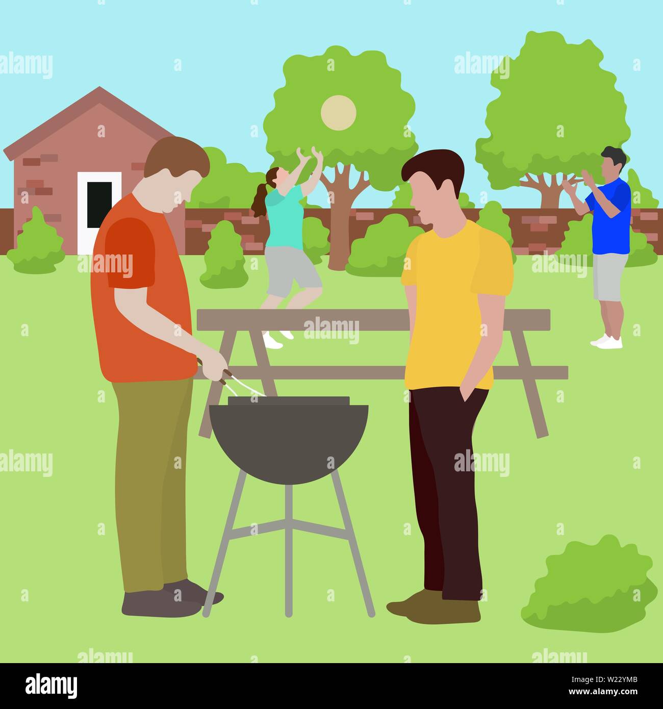 Vector illustration with people having bbq party in the backyard. BBQ ...