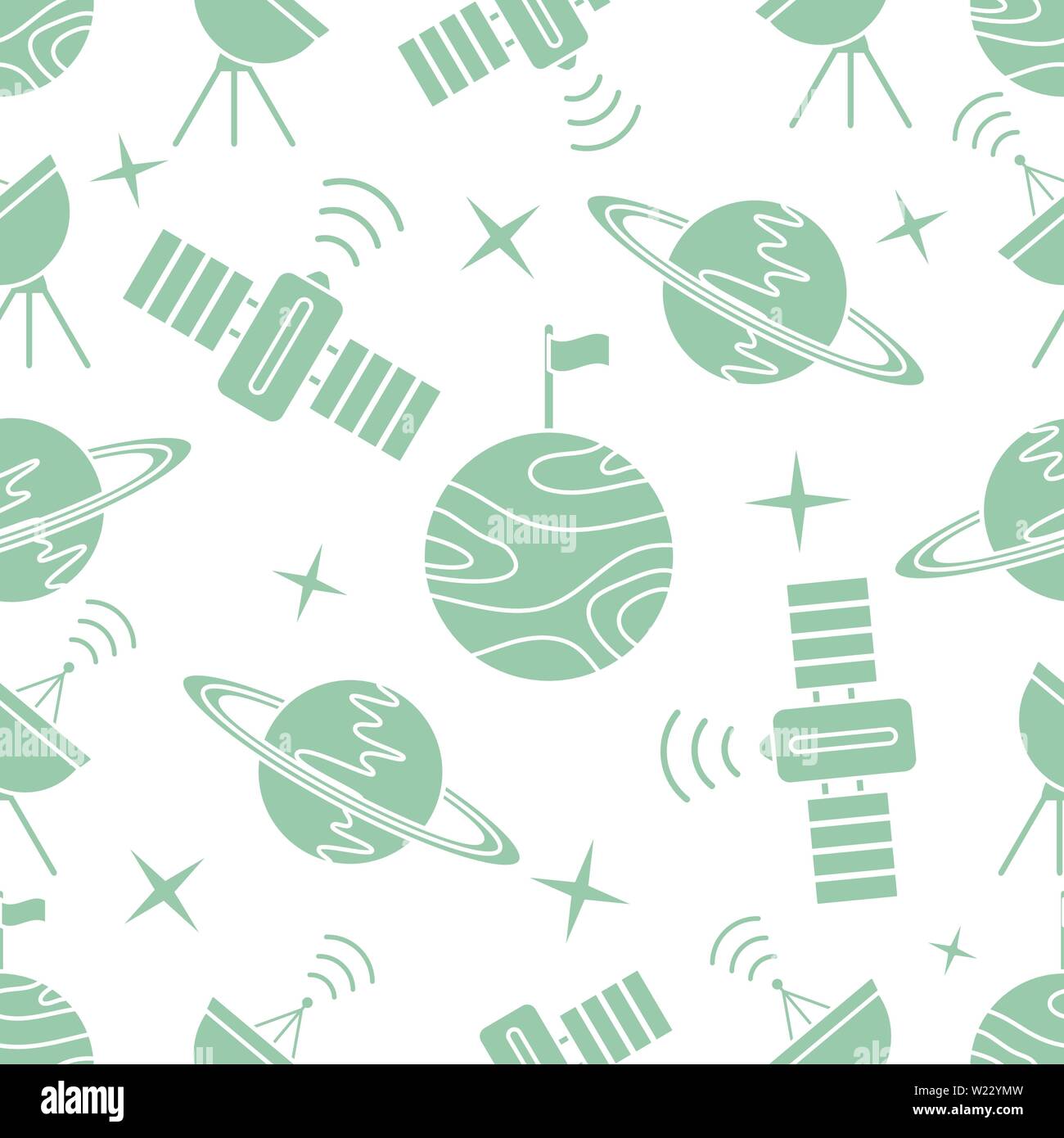 Seamless vector pattern with planets, Saturn, stars, orbital station ...