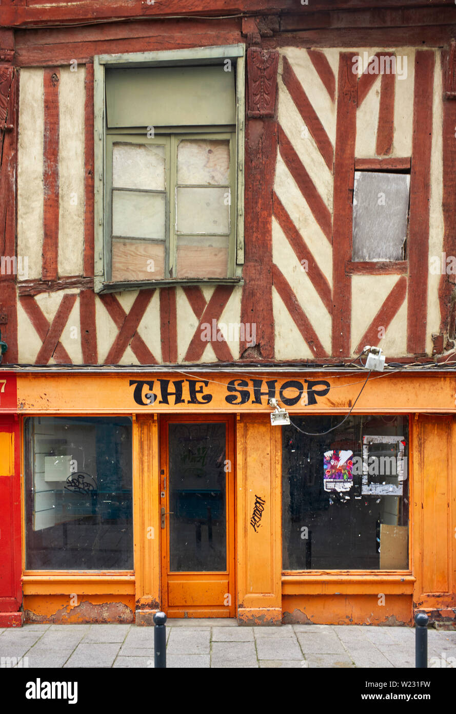 Wooden framed shop in the old quarter of Rennes the capital of Brittany ...