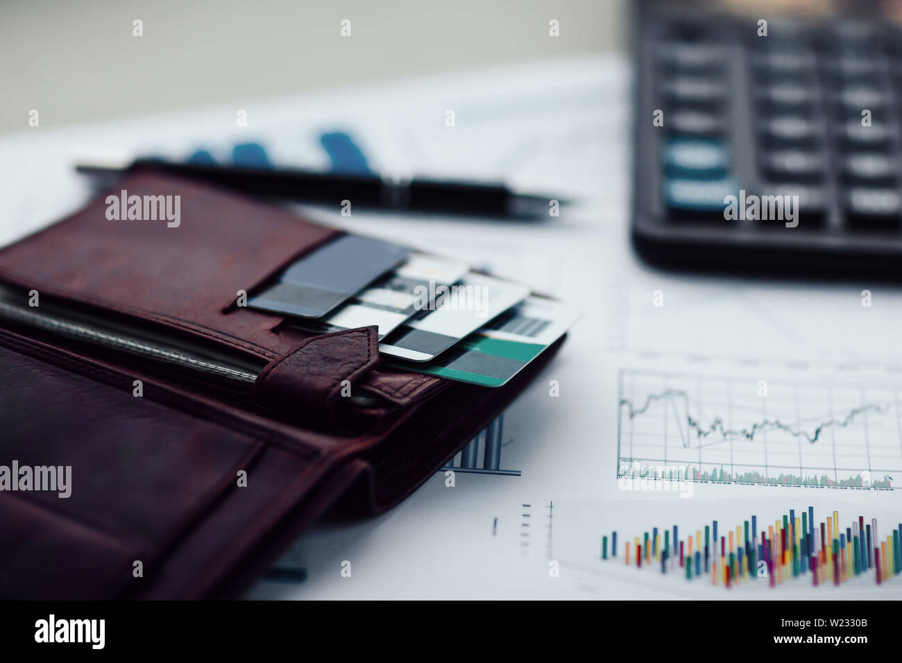 leather wallet with credit cards on the office Desk. business concept ...