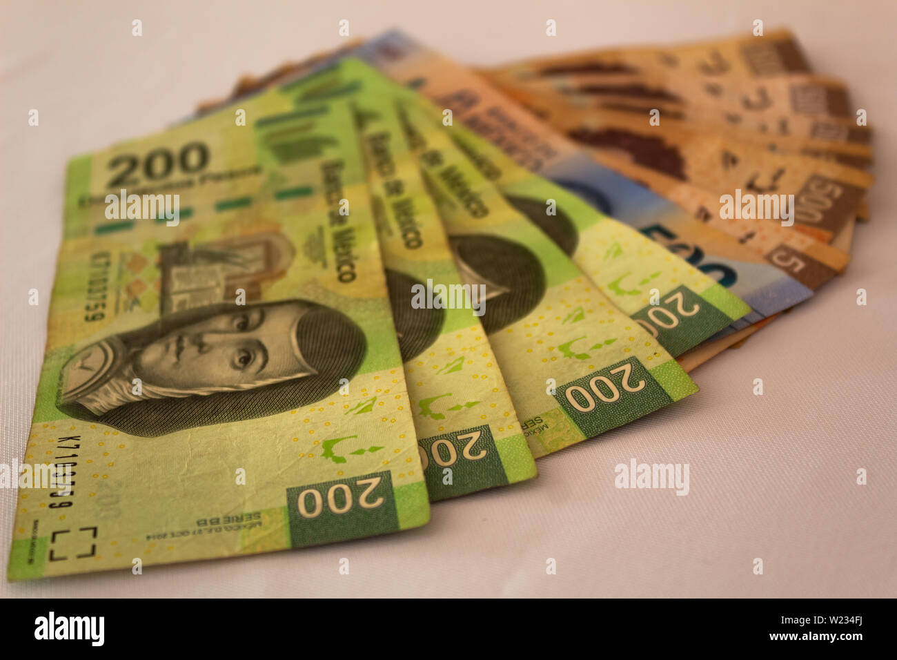 top view mexican pesos with white background (bills of different ...