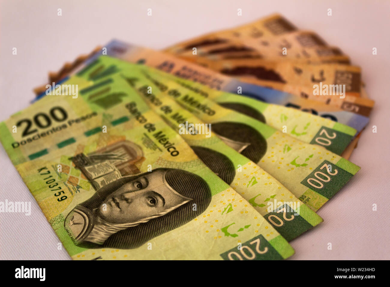 top view mexican pesos with white background (bills of different ...