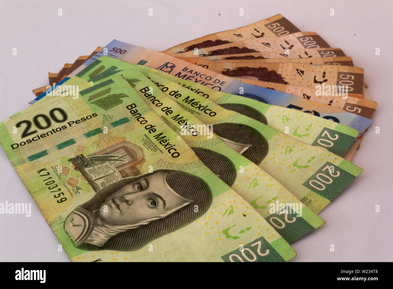 top view mexican pesos with white background (bills of different ...