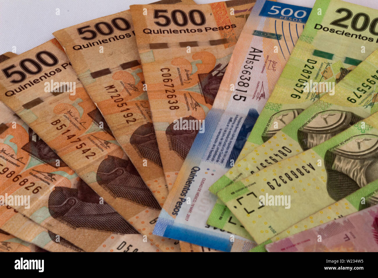 top view mexican pesos with white background (bills of different ...