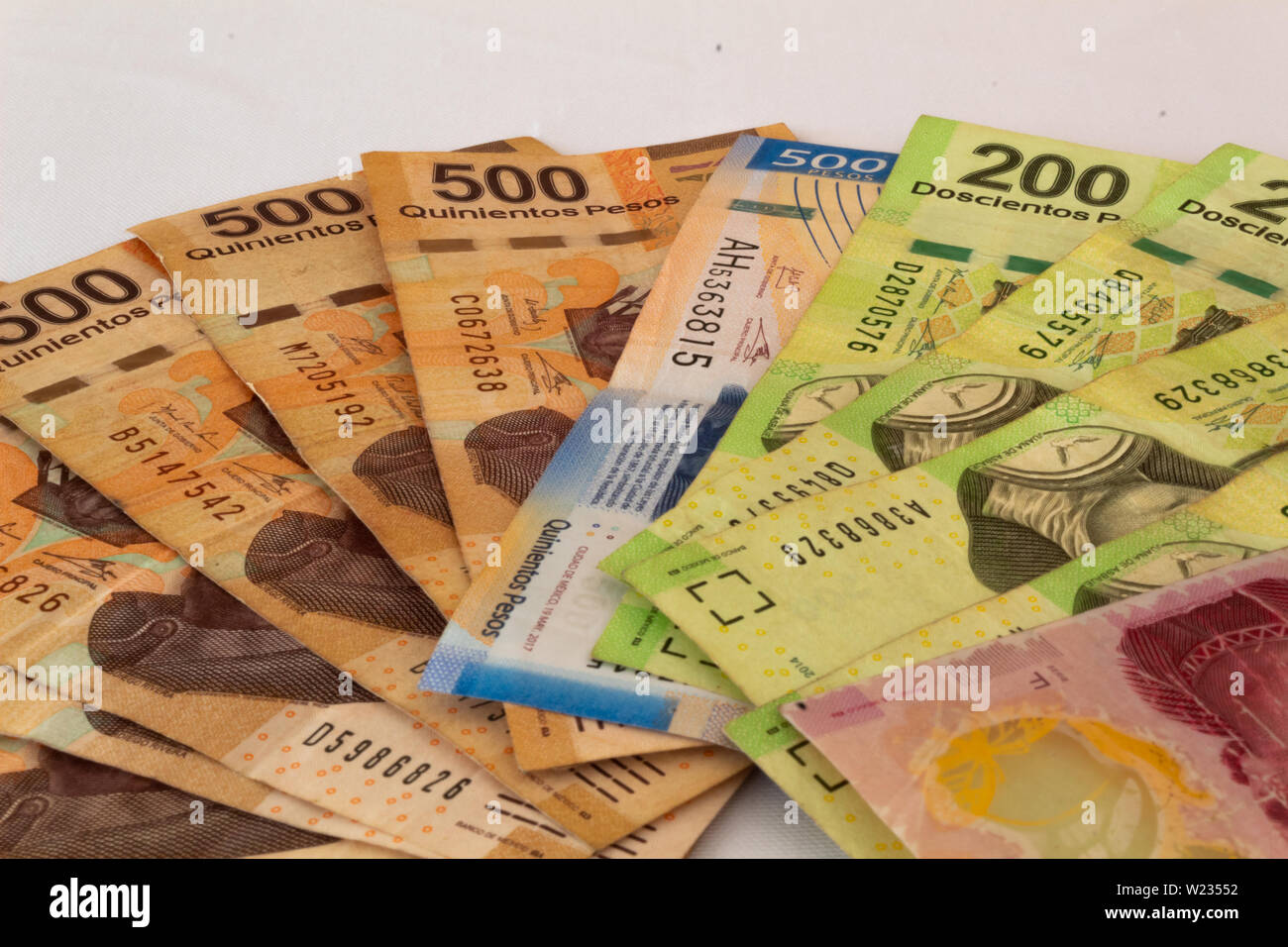 top view mexican pesos with white background (bills of different ...