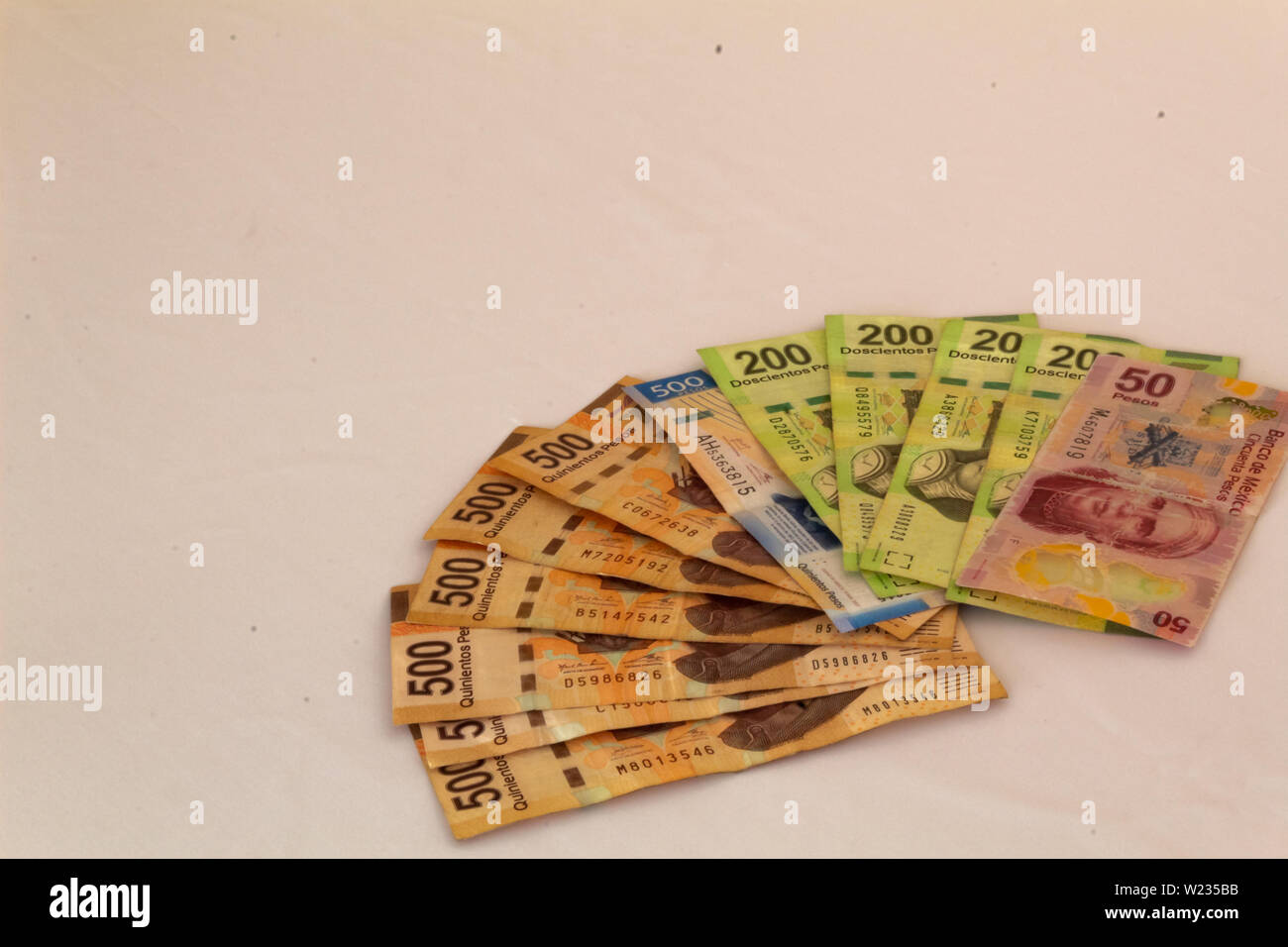top view mexican pesos with white background (bills of different ...