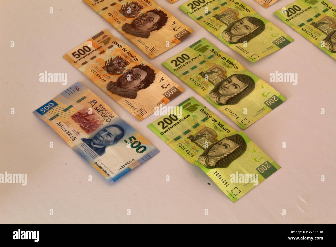 top view mexican pesos with white background (bills of different ...