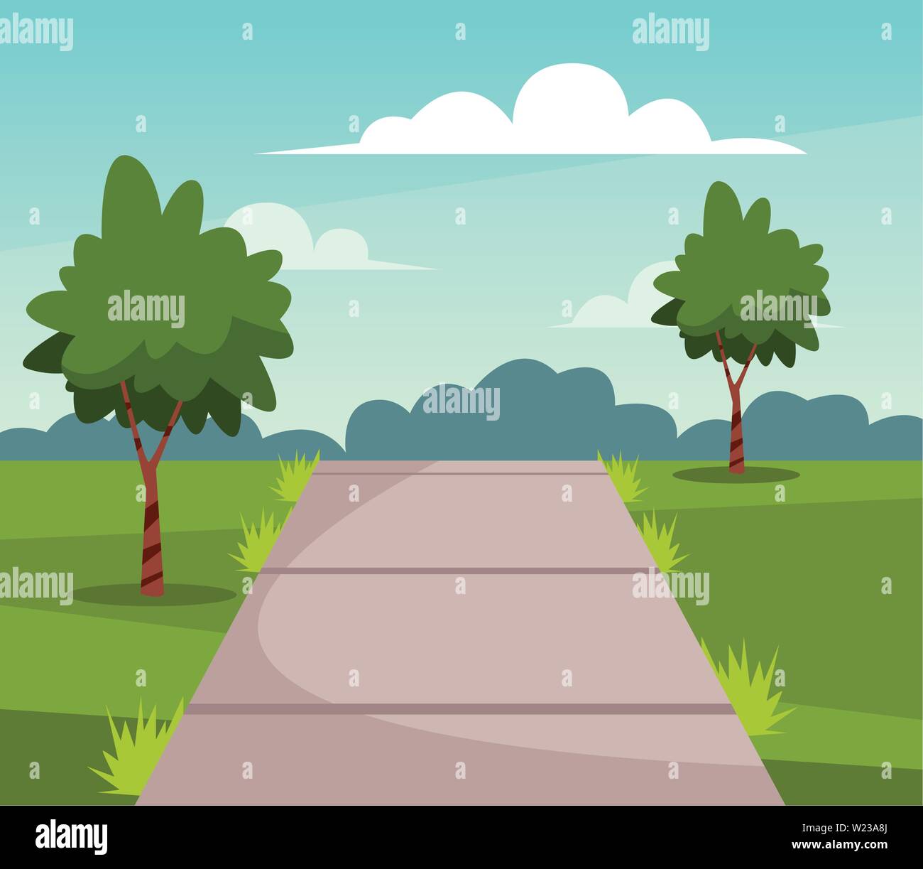 Nature park with trees and path scenery cartoon Stock Vector Image ...