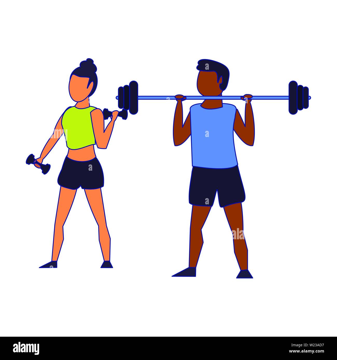 Couple training sports cartoons isolated blue lines Stock Vector Image ...
