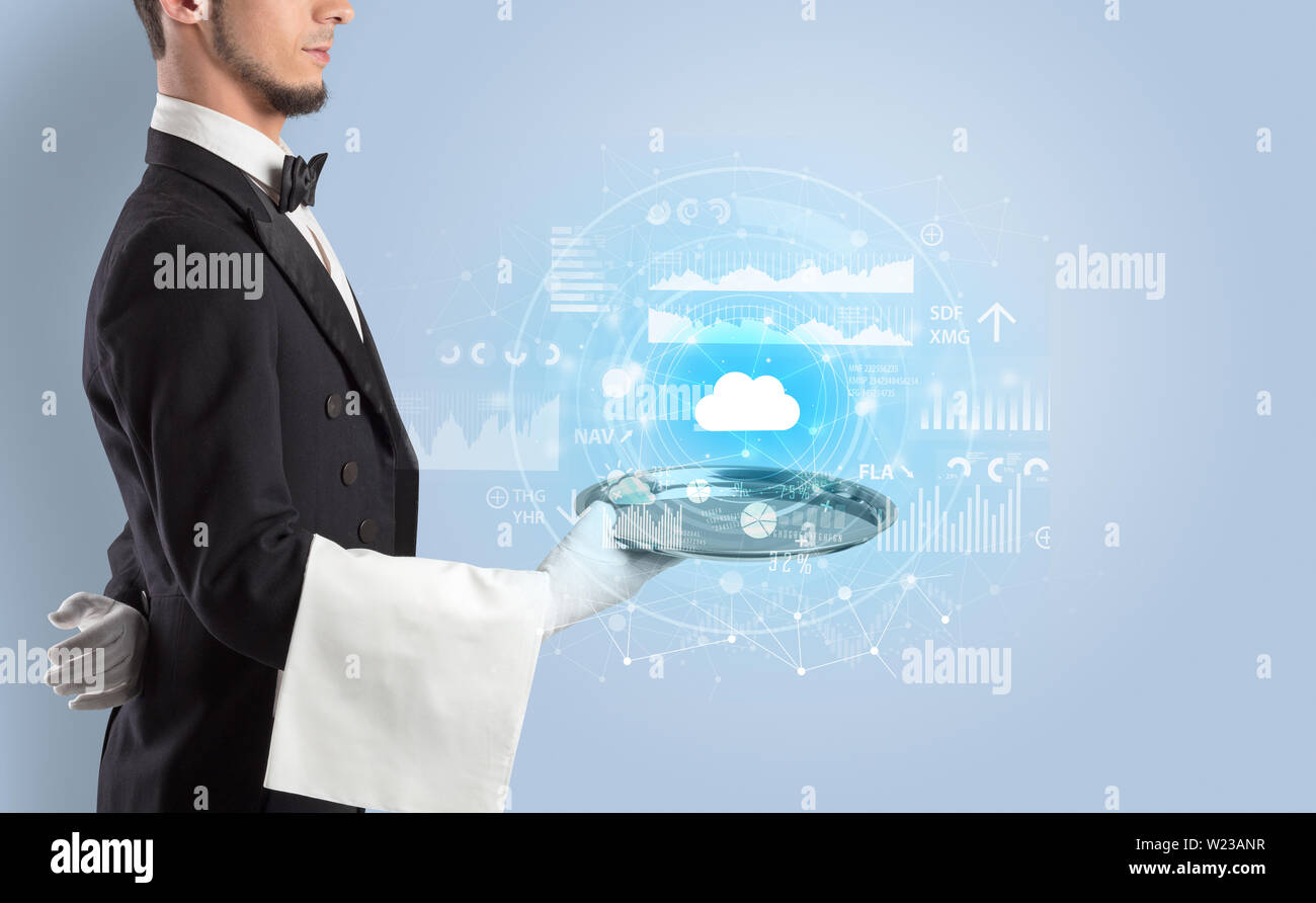 Elegant young waiter serving cloud technology concept Stock Photo - Alamy