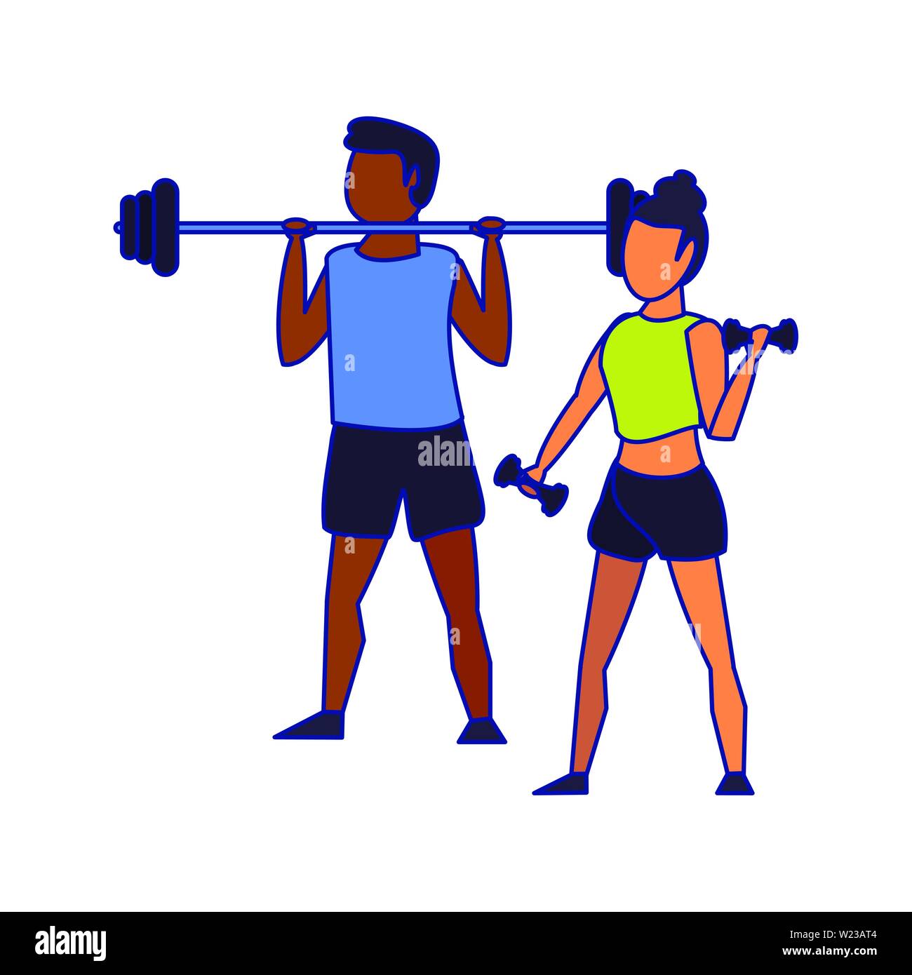 Couple training sports cartoons isolated blue lines Stock Vector Image ...