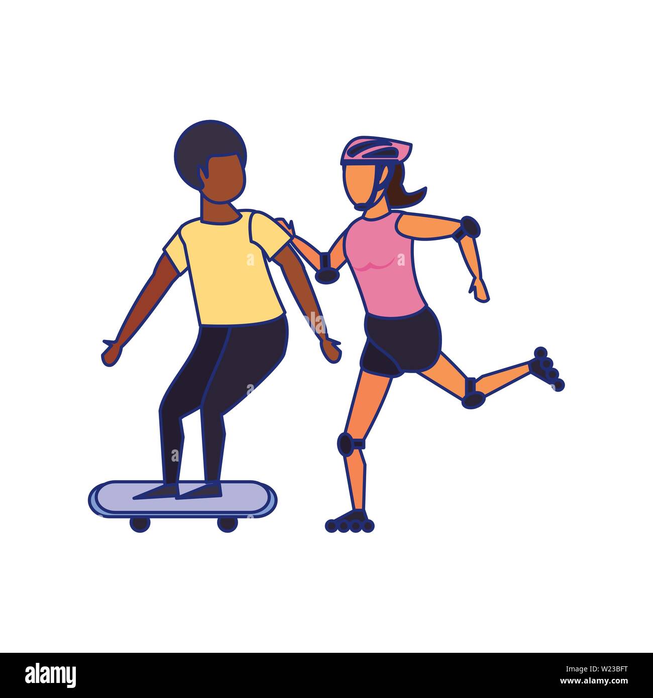 Couple training sports cartoons isolated blue lines Stock Vector Image ...