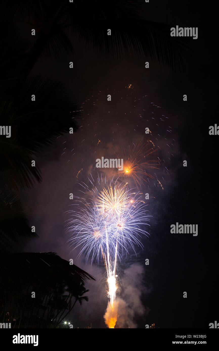 Fourth of July Fireworks Display over the ocean, with palm tree ...