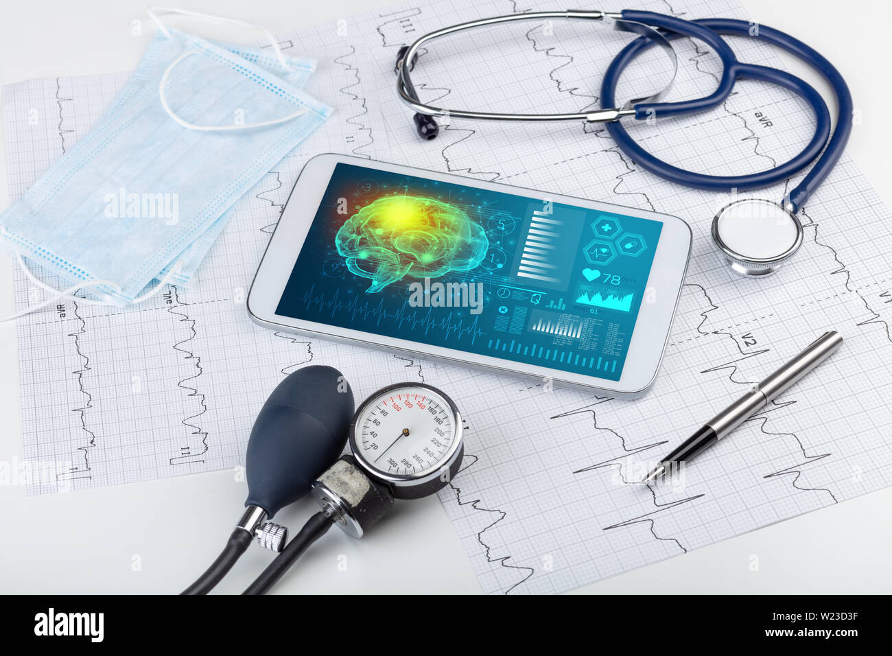 Brain functionality report with medical devices around Stock Photo - Alamy