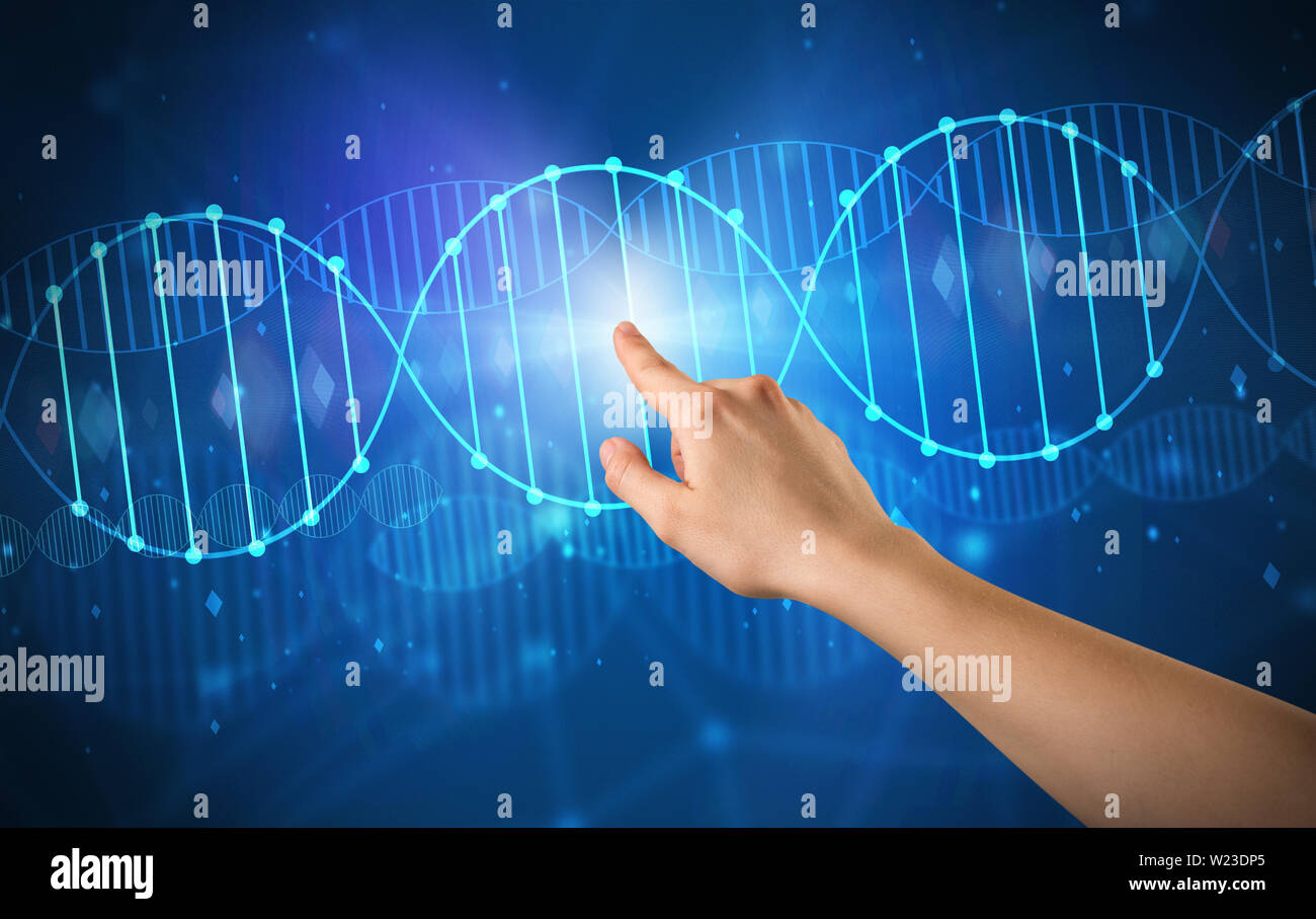 Female hand touching DNA molecule with blue background Stock Photo - Alamy