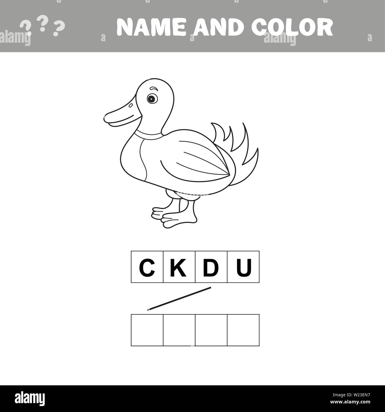 Coloring The Cute Cartoon Duck. Educational Game for Kids. Vector ...