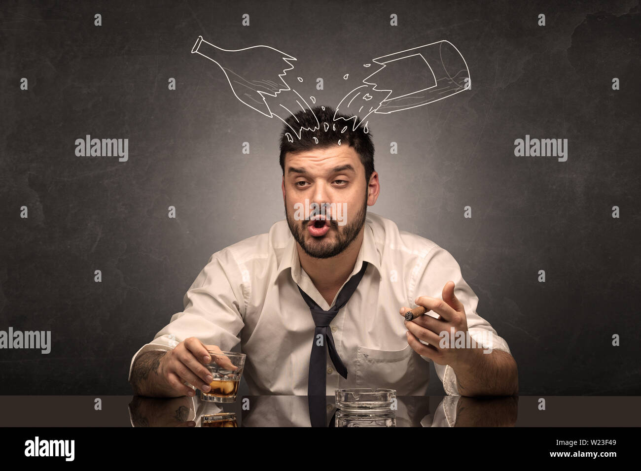 Drunk down and out man with doodle alcohol bottles concept Stock Photo ...