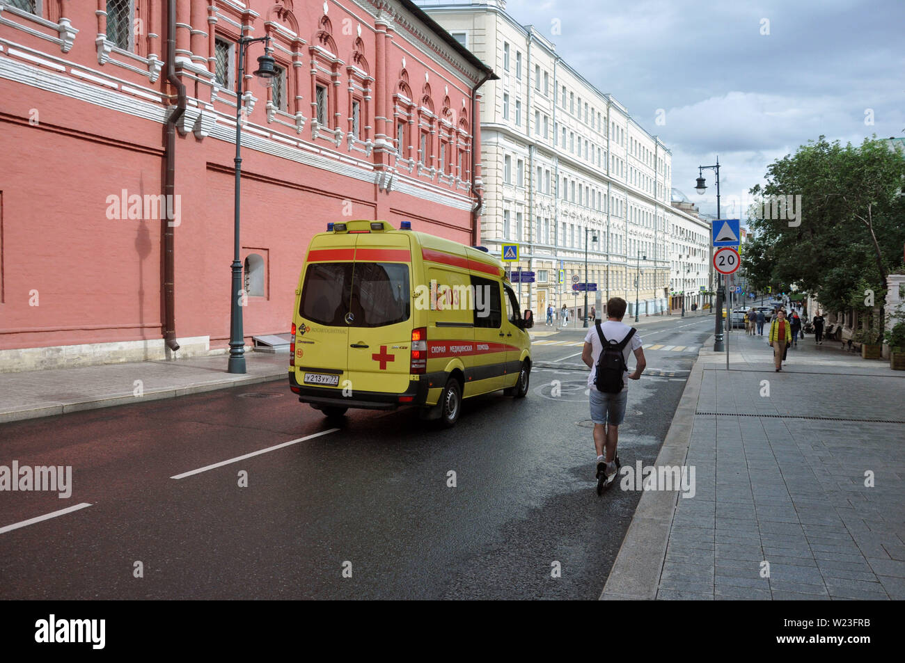 Moscow, Russia - June 30, 2019: Yellow State Ambulance quickly moves to ...