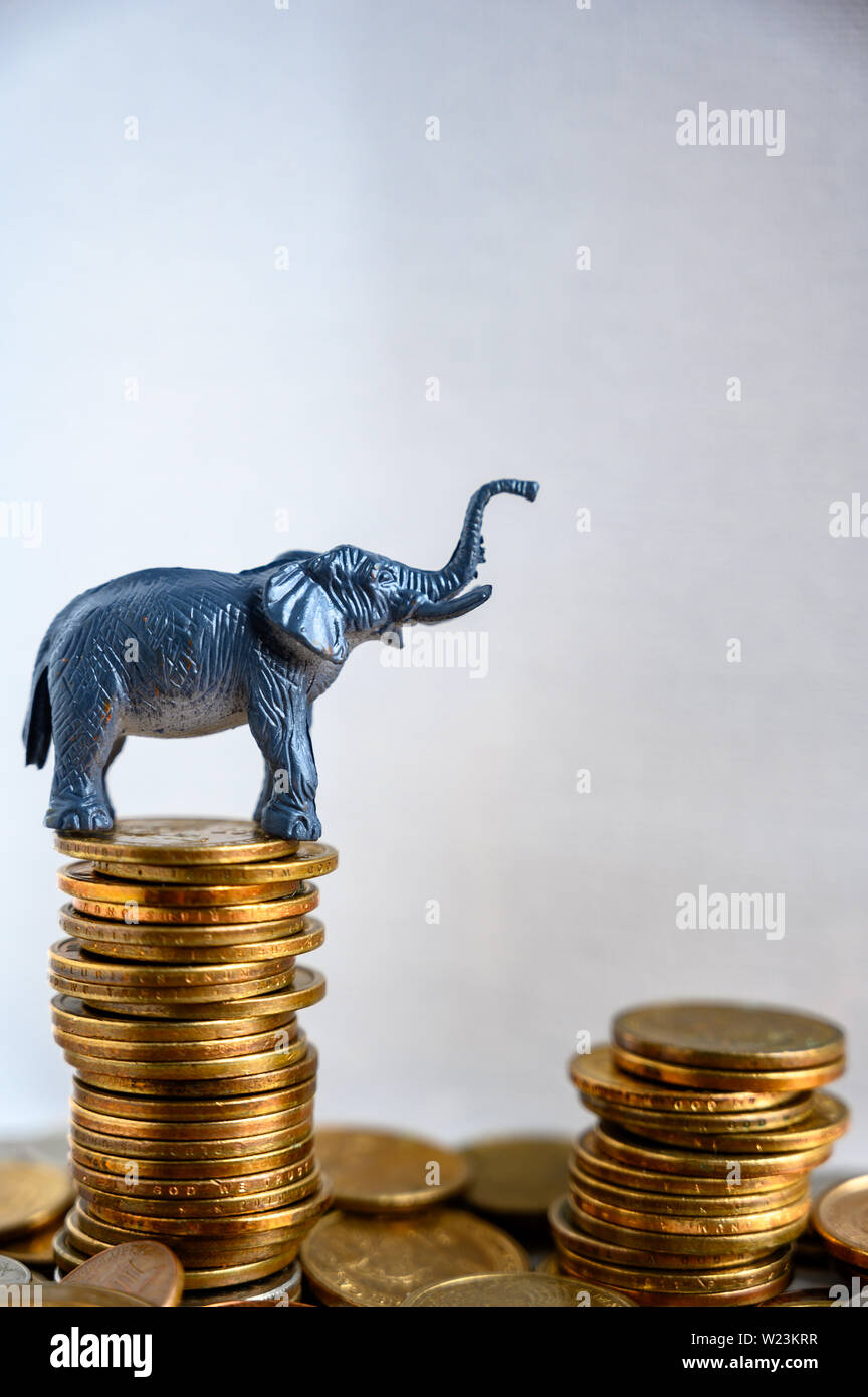 elephant on top of stacked coins Stock Photo - Alamy