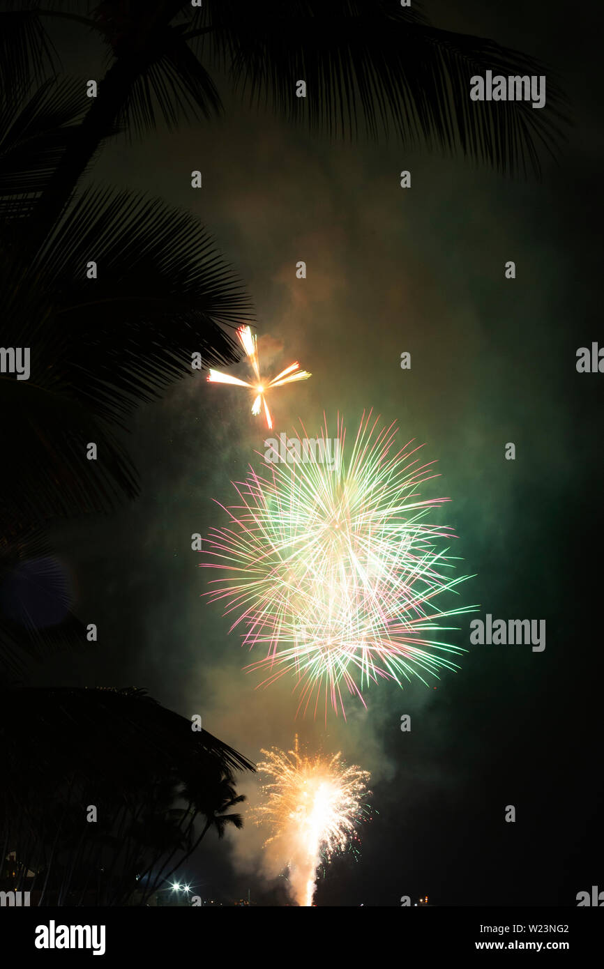 Fourth of July Fireworks Display over the ocean, with palm tree ...
