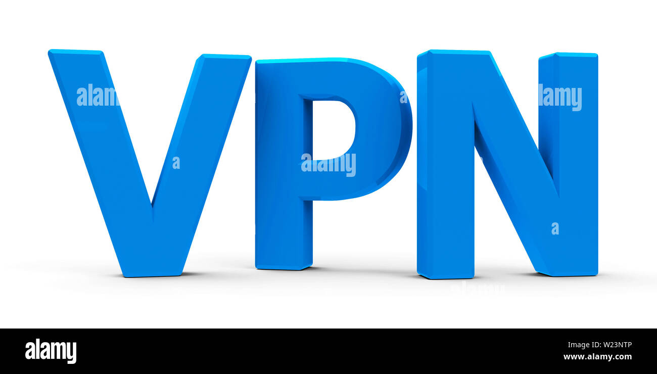 Blue VPN symbol, icon or button isolated on white background ...