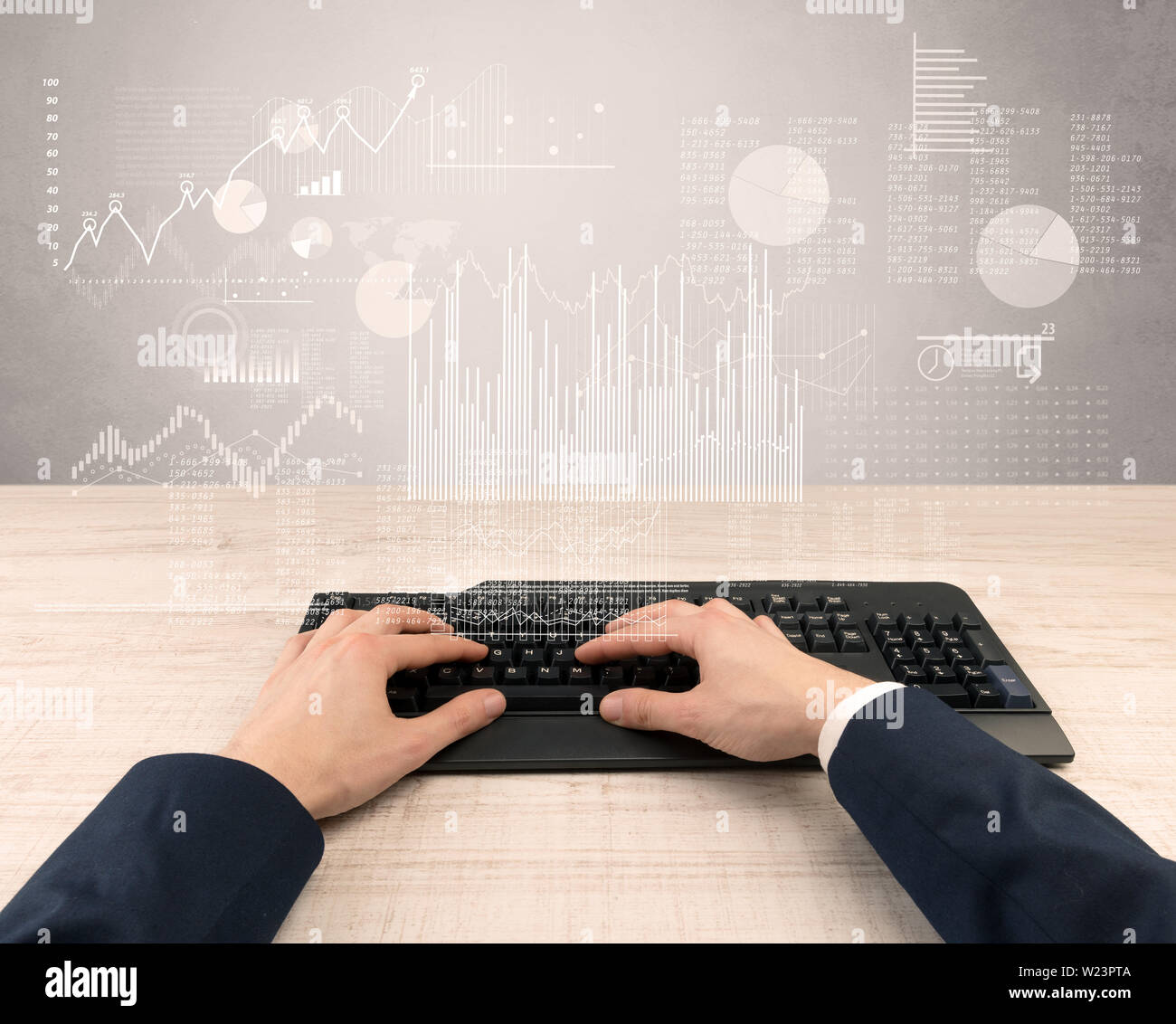 Elegant businessman hand typing with financial, report, graph, chart ...