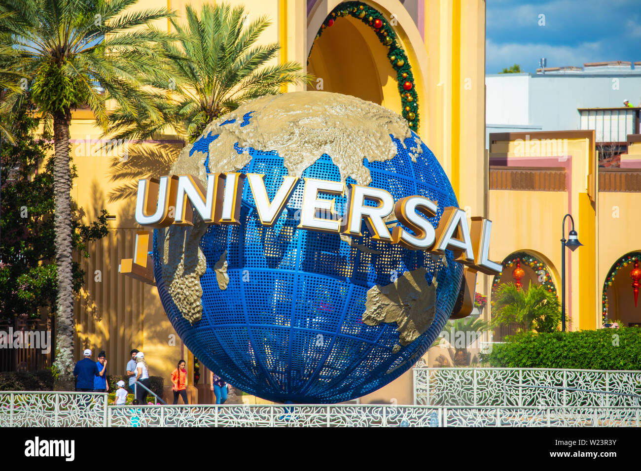 The famous Universal Globe at Universal Studios Florida theme park. Night view. Universal Walk ...
