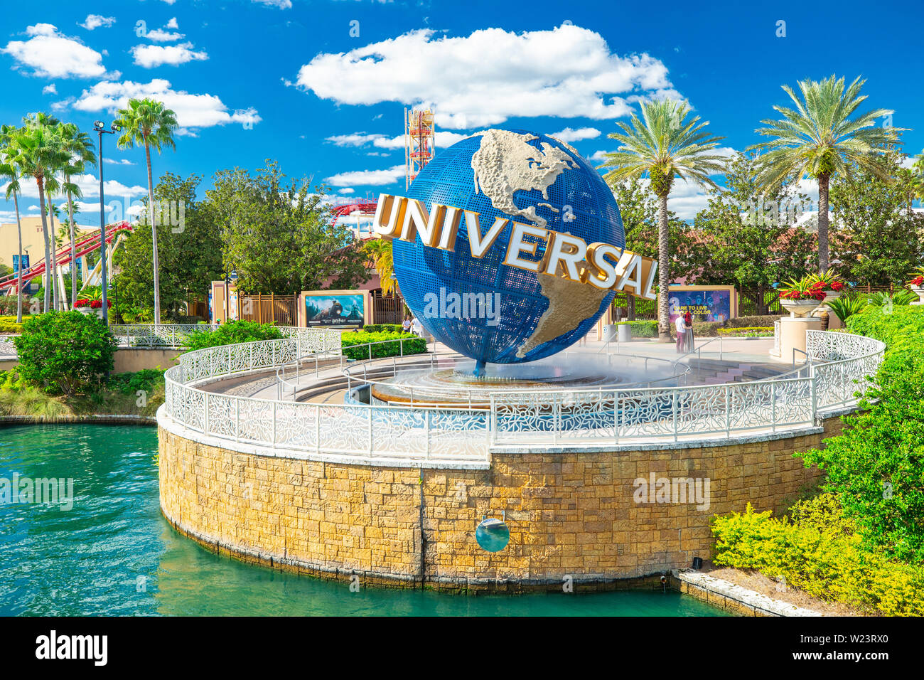 The famous Universal Globe at Universal Studios Florida theme park. Night view. Universal Walk ...