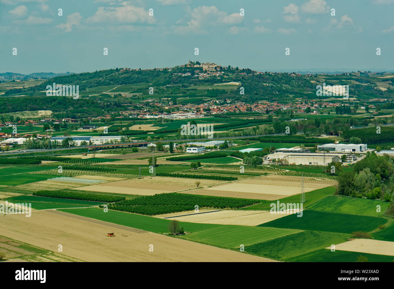 Typical Italian landscape, Piedmont area, green fields, hills and ...