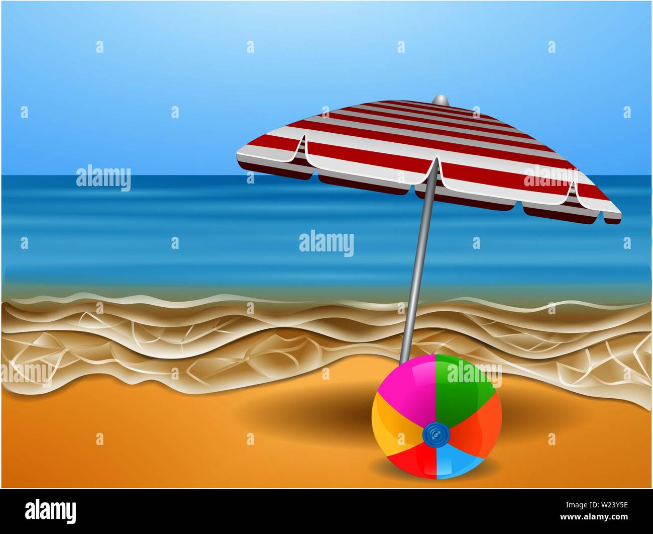 summer holidays illustration: an umbrella and a colorful ball on the ...