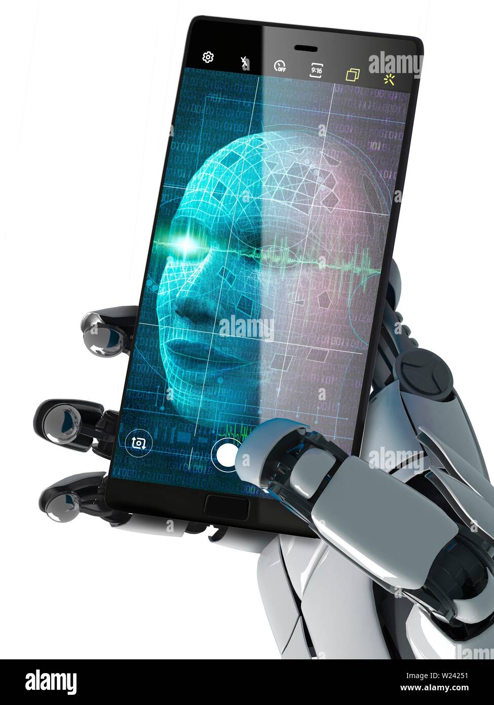 Illustration of a robot taking a 'selfie', signifying artificial ...