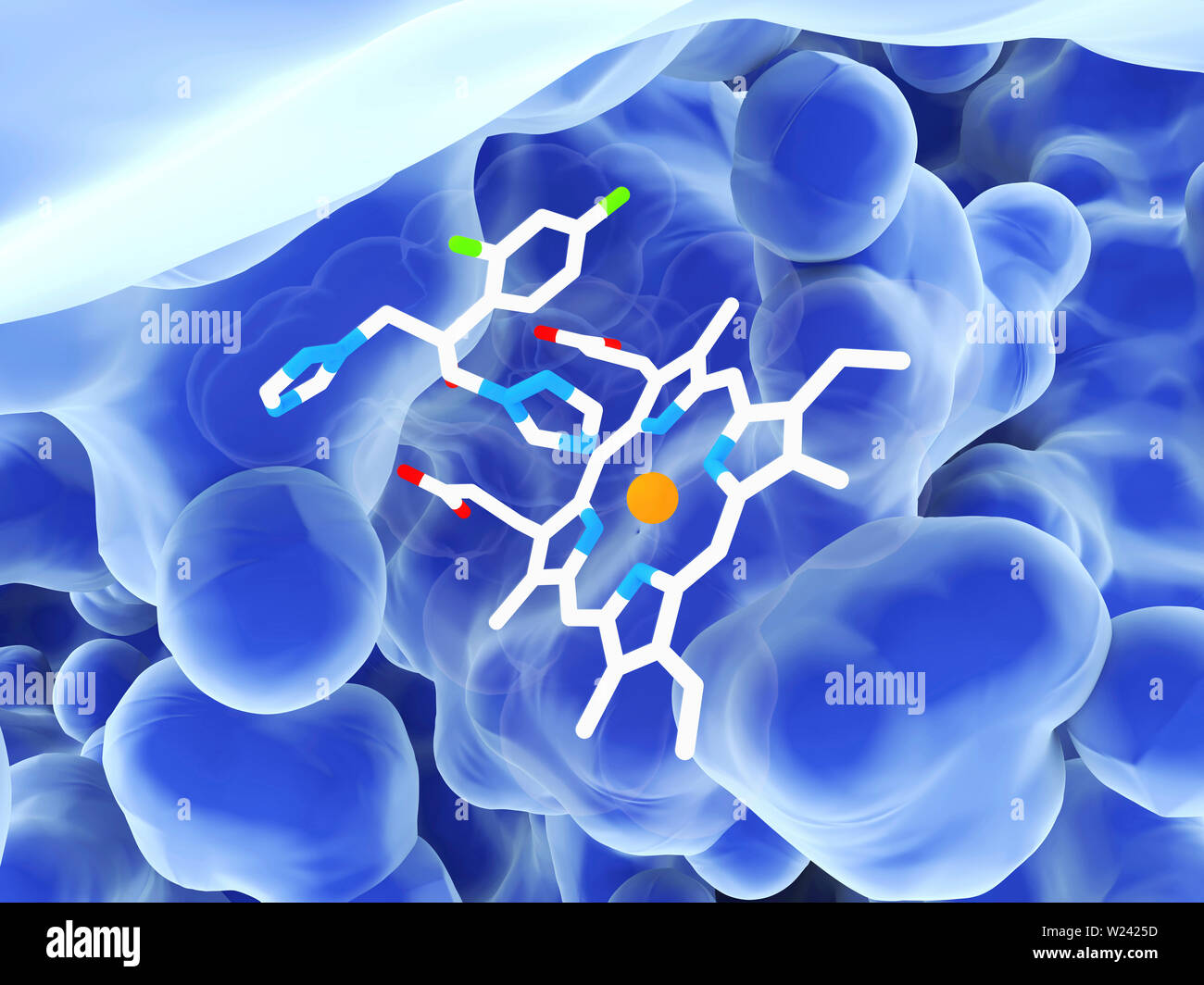 Fungal enzyme blocked by a drug. Illustration of the active site of a ...