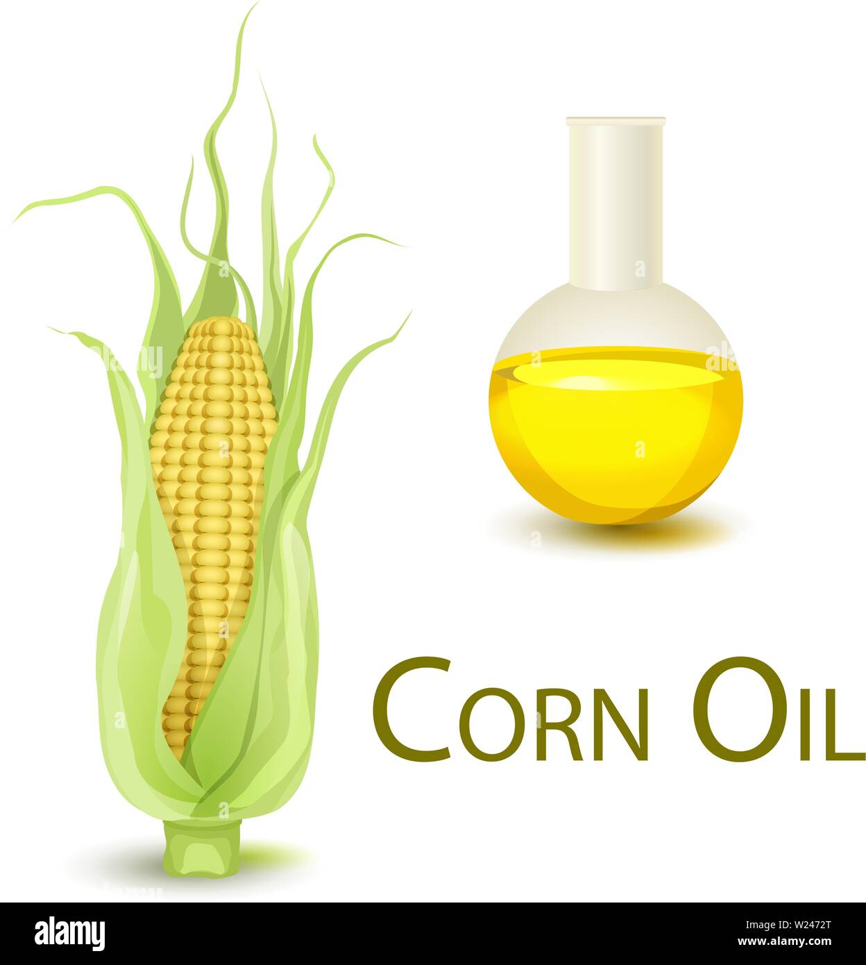 Glass flask with yellow liquid and Corncob on a white background ...