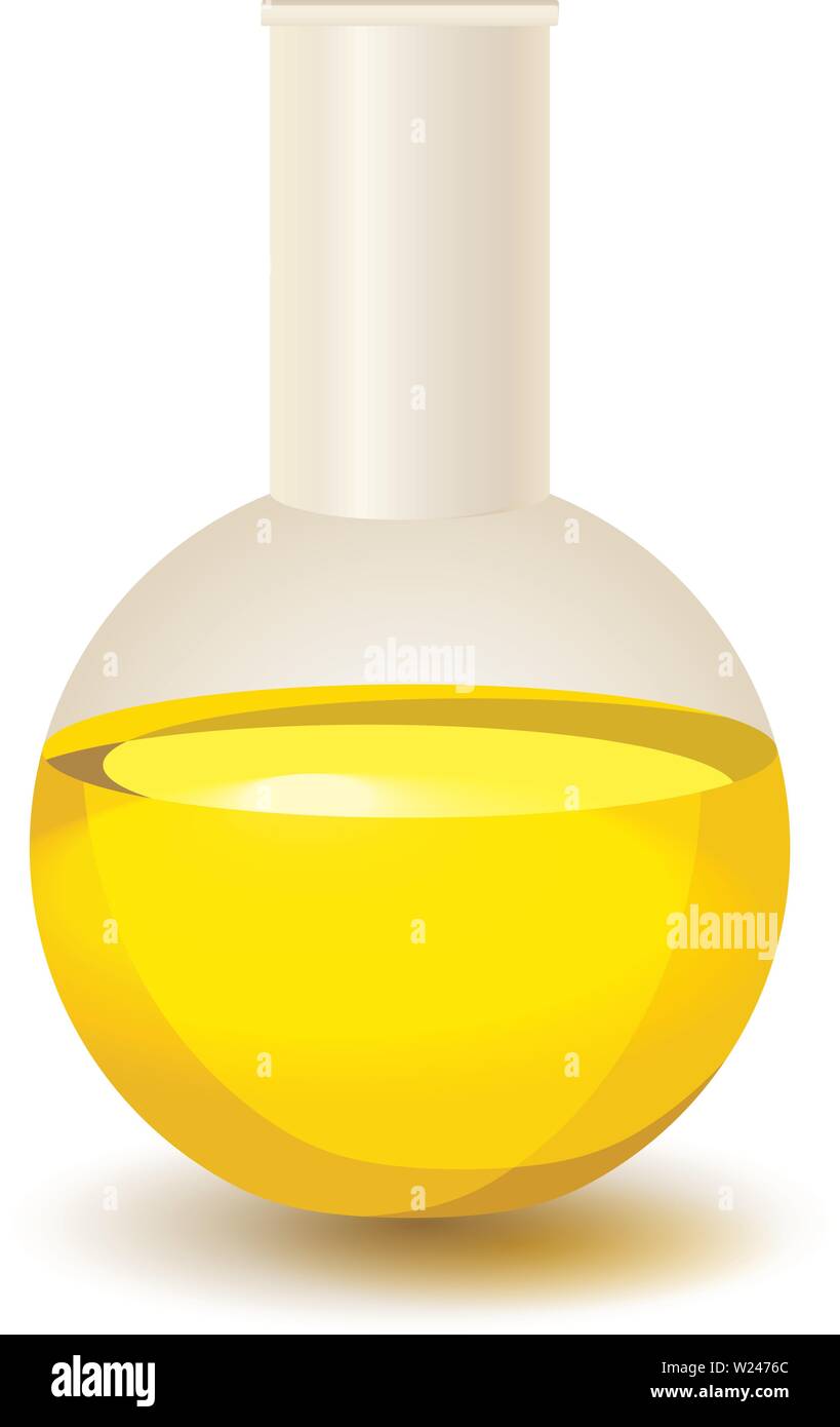 Glass flask with yellow liquid on a white background. Oil in a glass ...