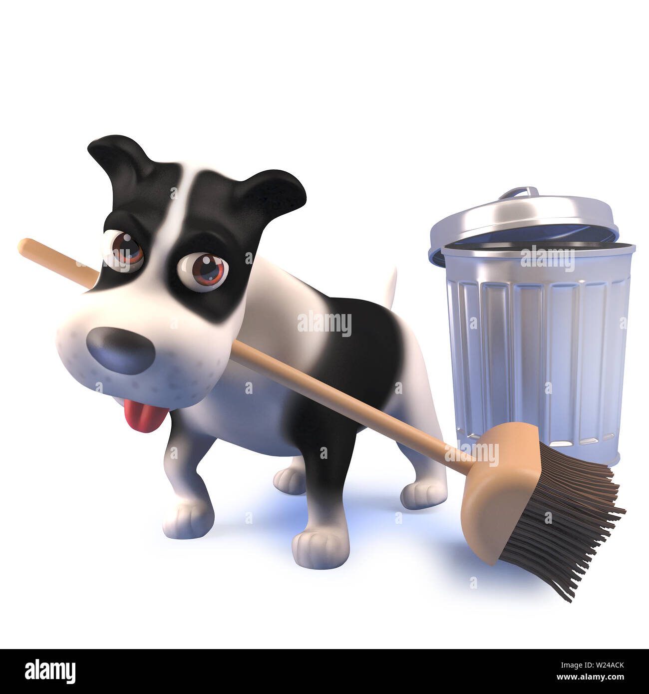 3d rendered image of a 3d black and white puppy dog hound with broom ...