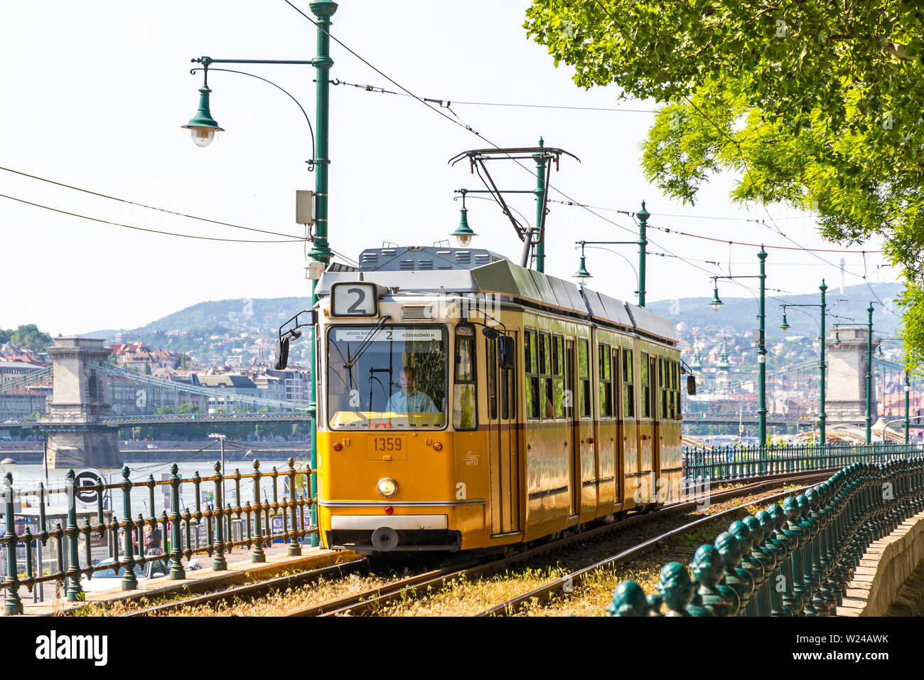 Budapest, Hungary - May 5, 2018: Tram No. 2 moves along Danube river ...