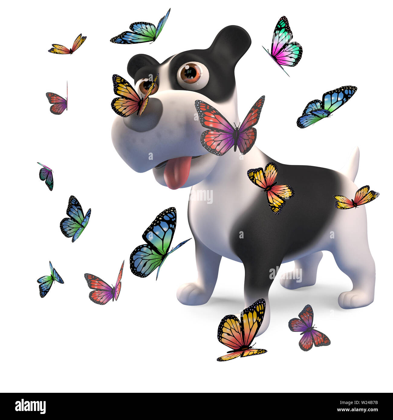 Cute puppy dog plays with a swarm of butterflies, 3d render ...