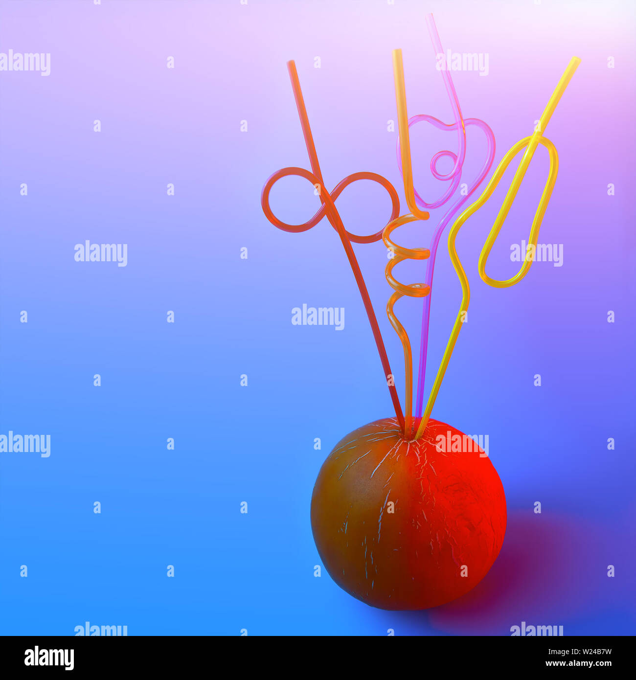 bright colored cocktail tubes stuck in a melon on a blue background ...