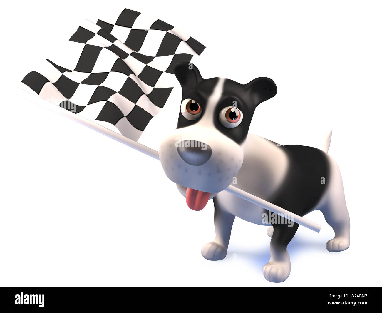 A rendered image of a cute cartoon puppy dog waves the checkered flag ...