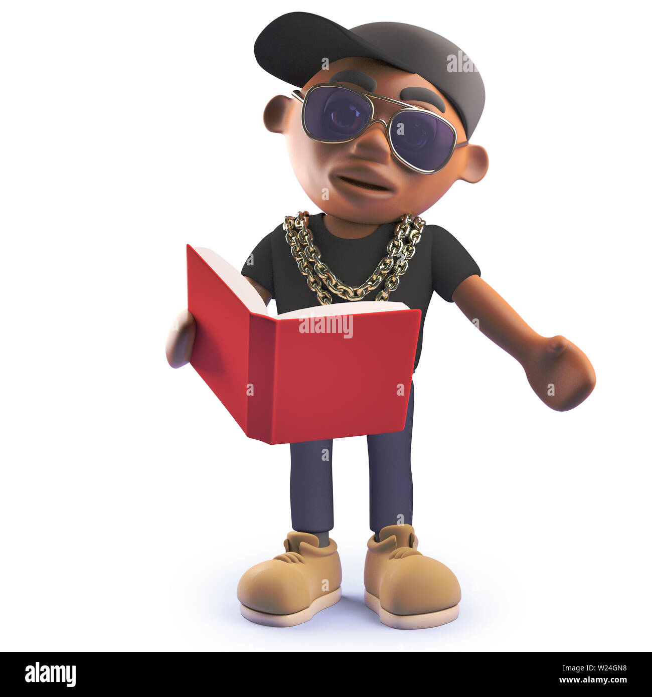 Cool black hiphop rapper reading a book, 3d illustration rendered image ...