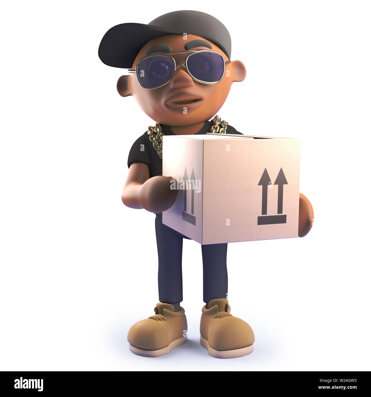 Cartoon black hiphop rap artist delivering a cardboard box, 3d ...