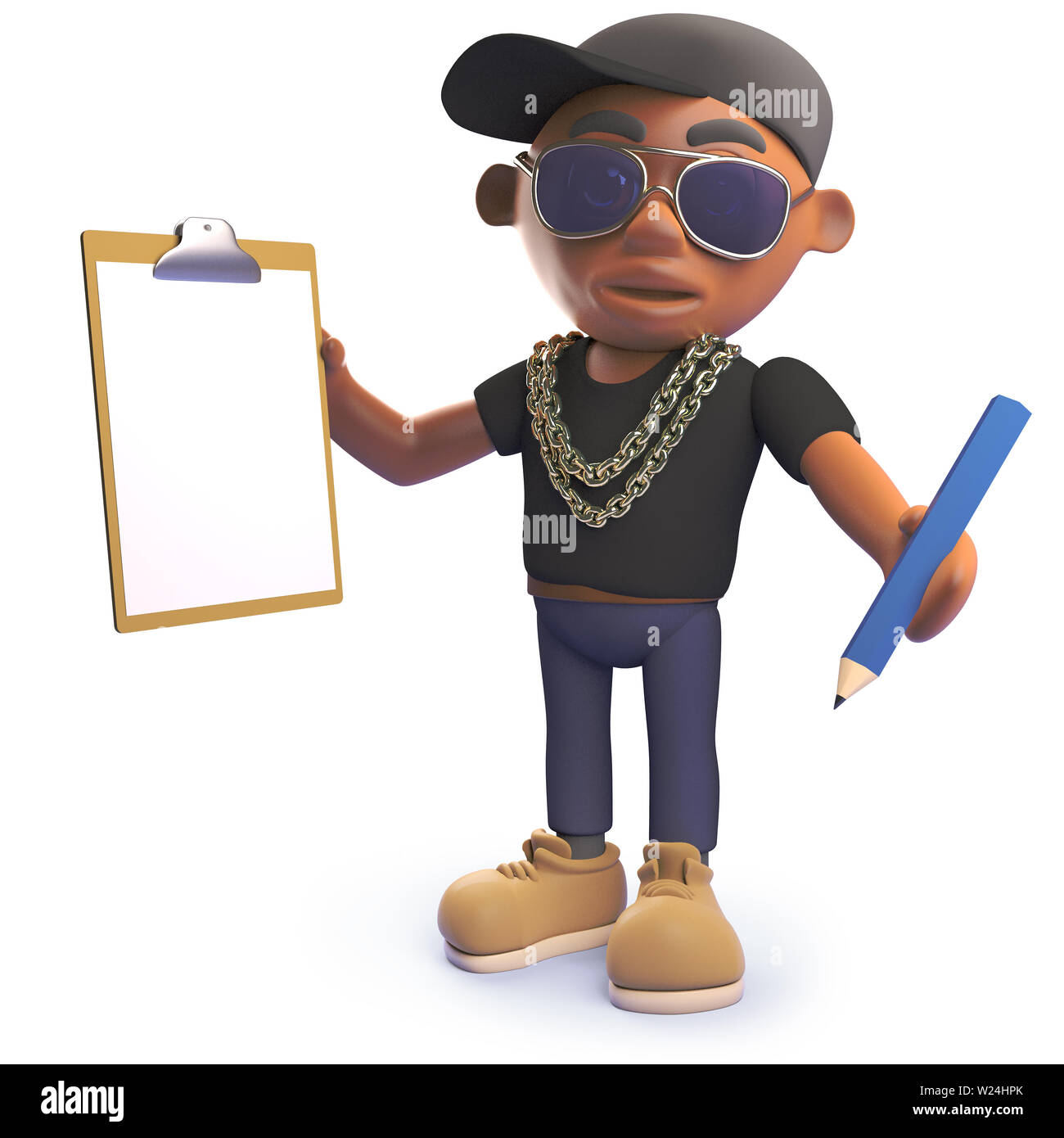 Cartoon black hiphop rapper holding a clipboard and pencil, 3d ...