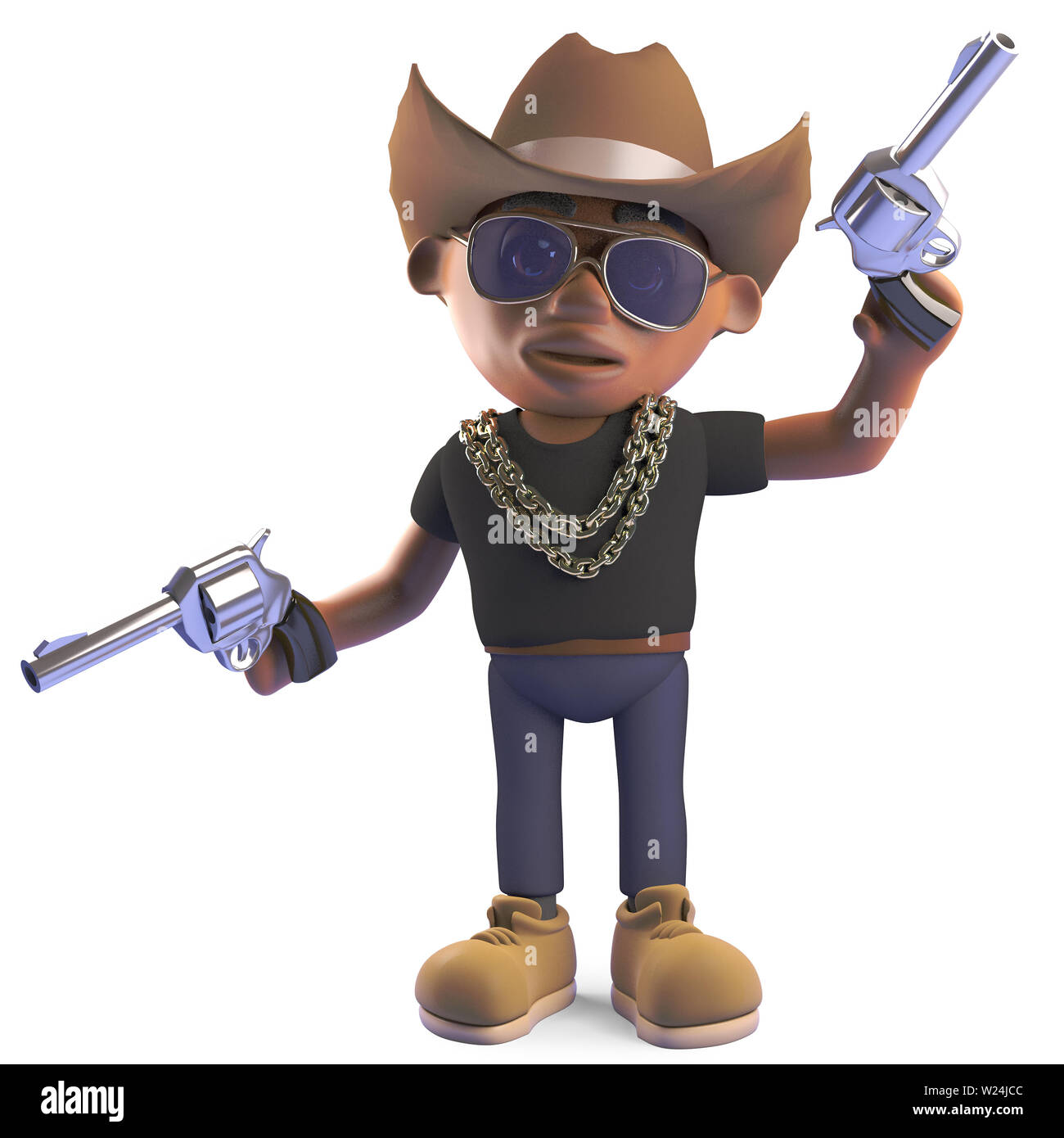 Black cowboy hiphop rap artist with stetson and guns, 3d illustration ...