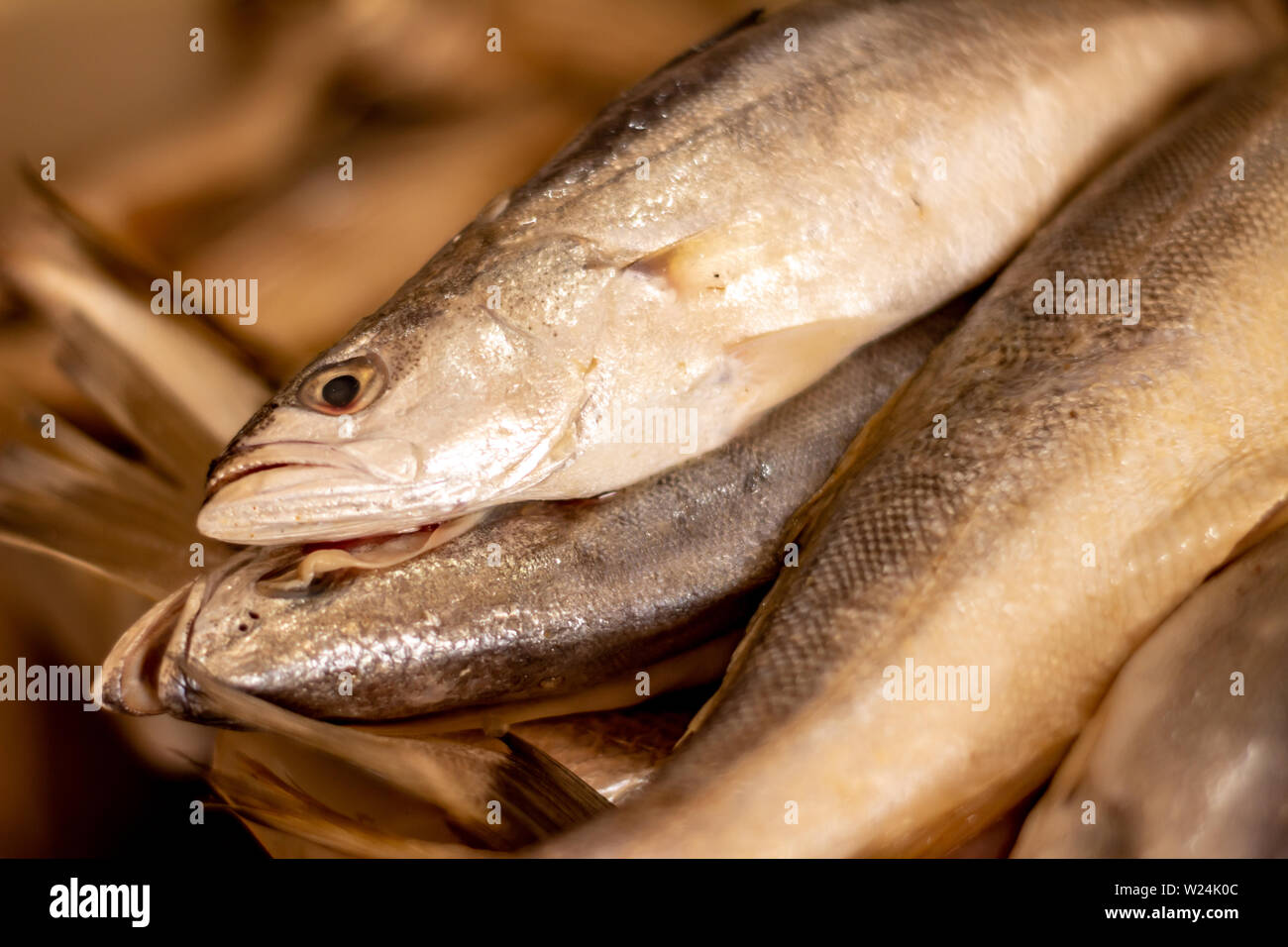 Fresh fish in the market. Marine food Approach of scales and skin of ...