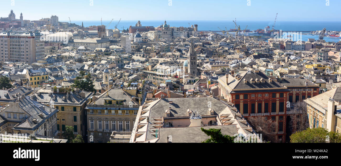 Cityscape of Genoa with its roofs and towers from Spianata Castelletto ...