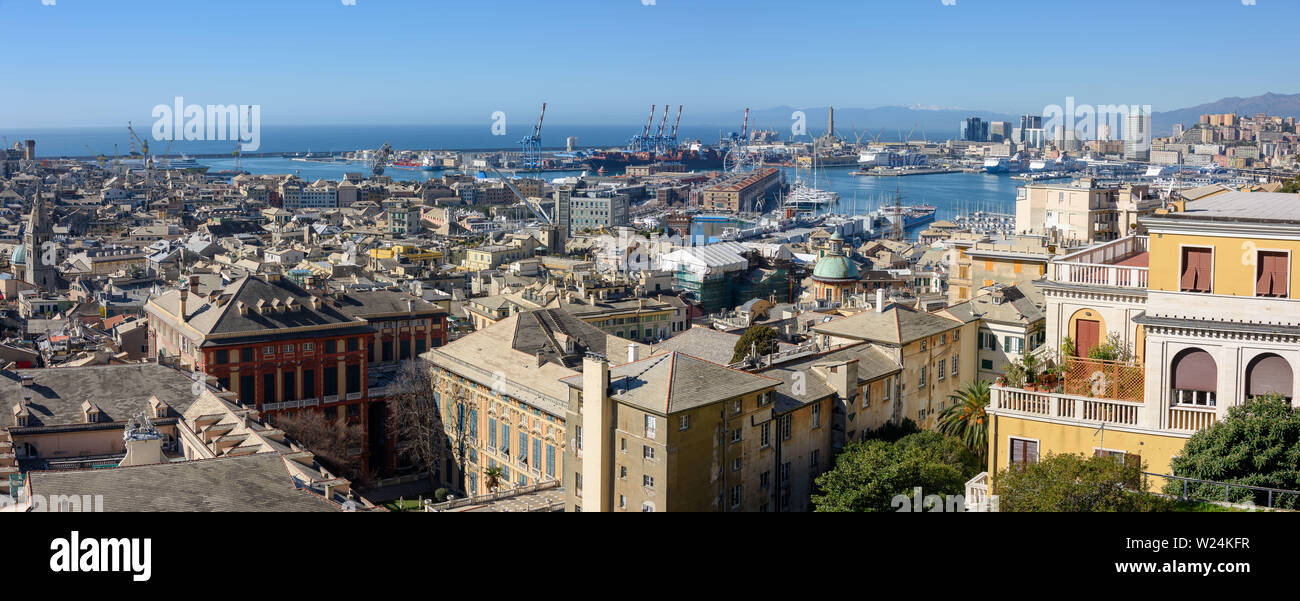 Cityscape of Genoa with its roofs and towers from Spianata Castelletto ...